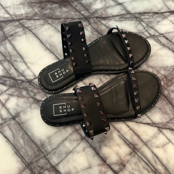 ShuShop | Shoes | Shu Shop Stud Black Leather Slide Sandals 75 | Poshmark